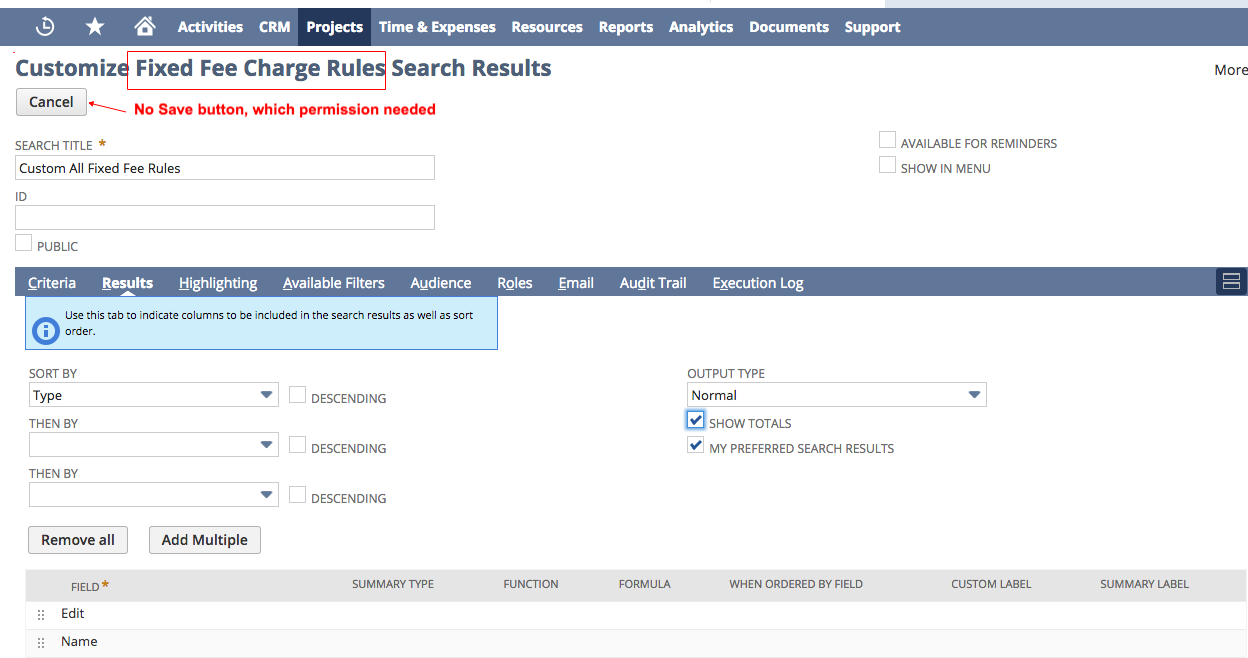 Fixed Fee Charge Rules Sublist View In Project Record Custom View