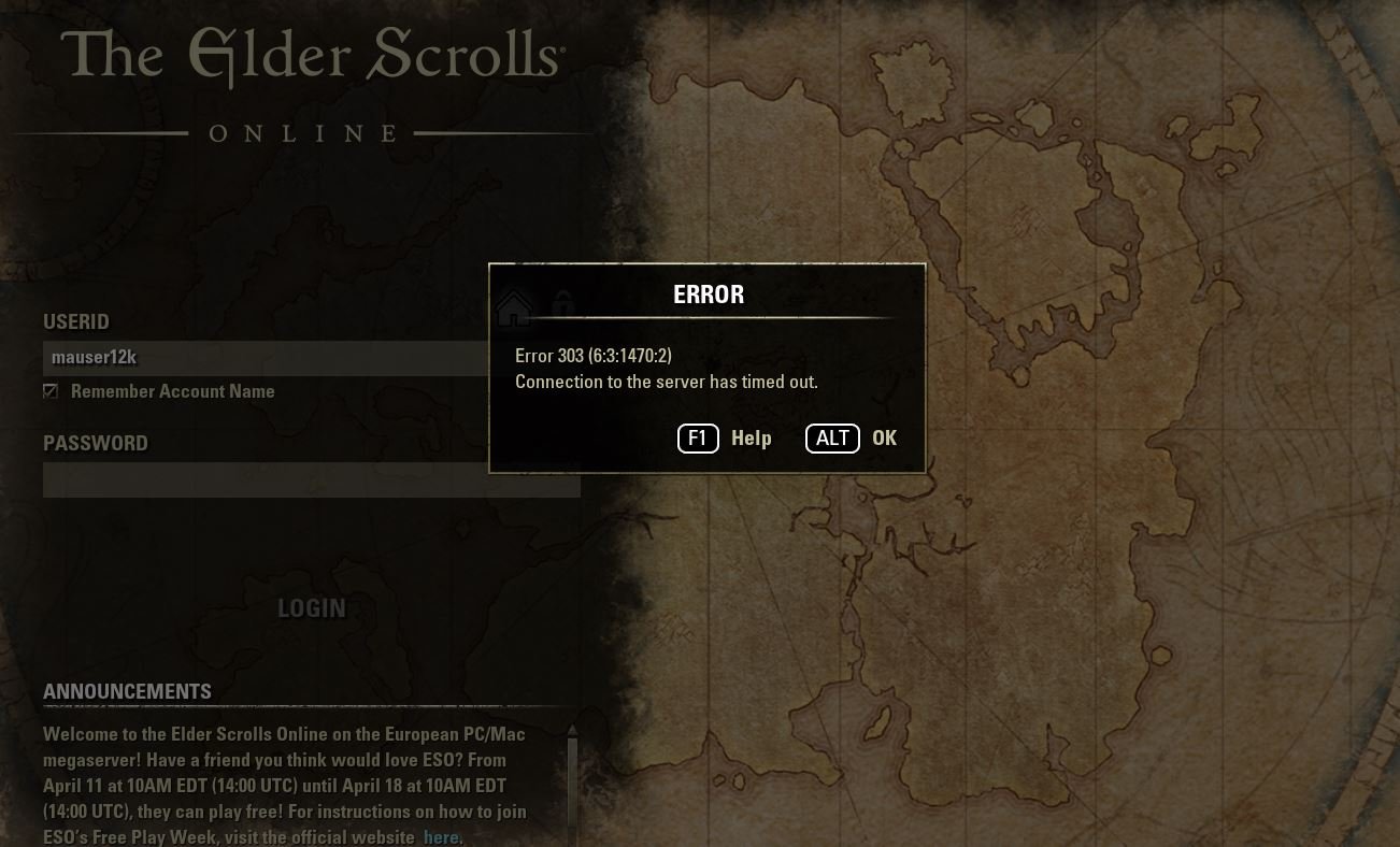 Difficulty loading characters - Error 303 — Elder Scrolls Online