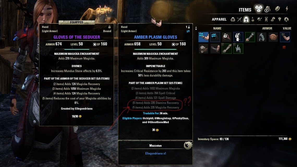 Amber Plasm Gloves double 5 item attribute — Elder Scrolls Online