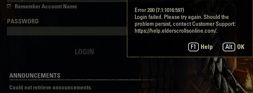 Error 201 — Elder Scrolls Online