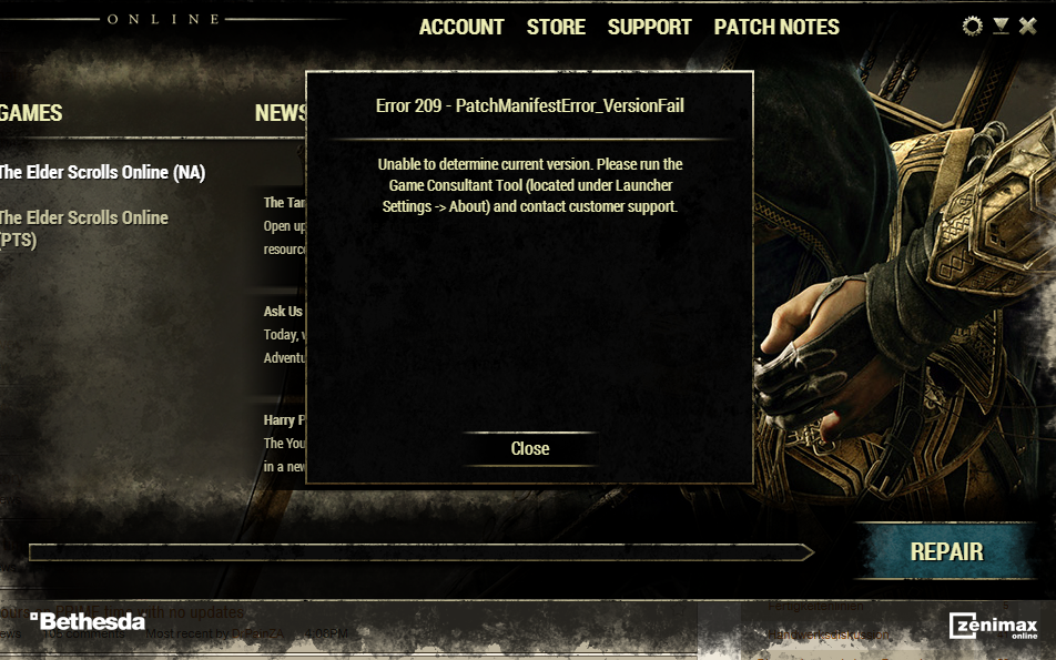 Error After Patch Cannot Verify Version — Elder Scrolls Online 