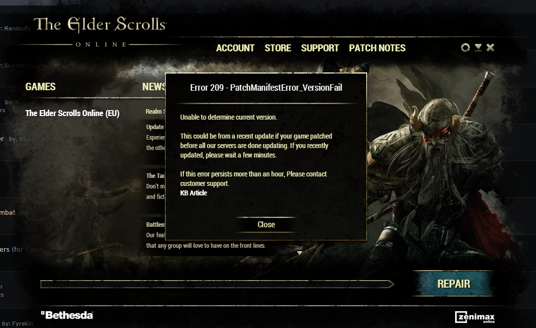 Error 209 — Elder Scrolls Online