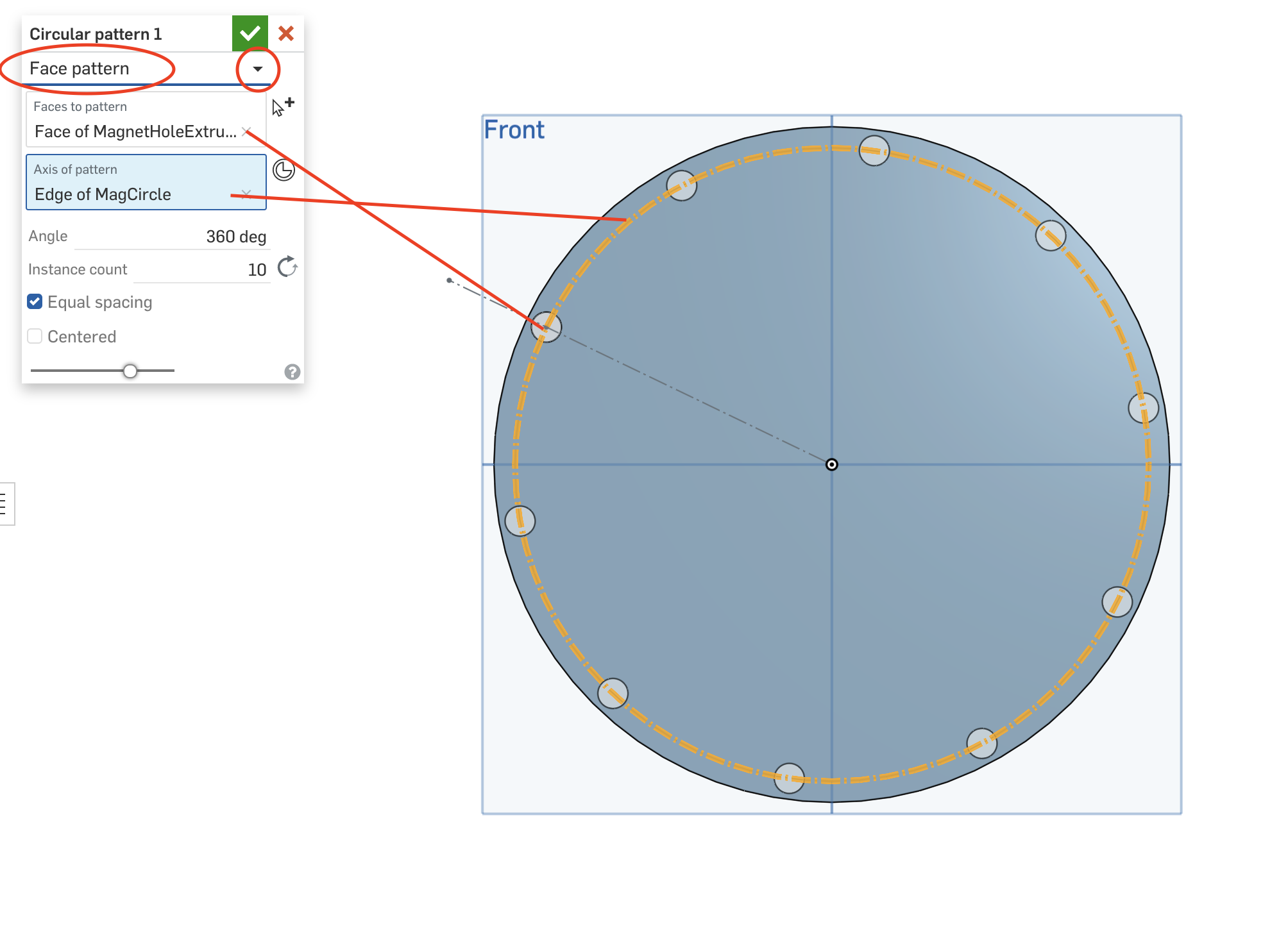Can t Select A Circle To Use In A Circular Pattern Onshape
