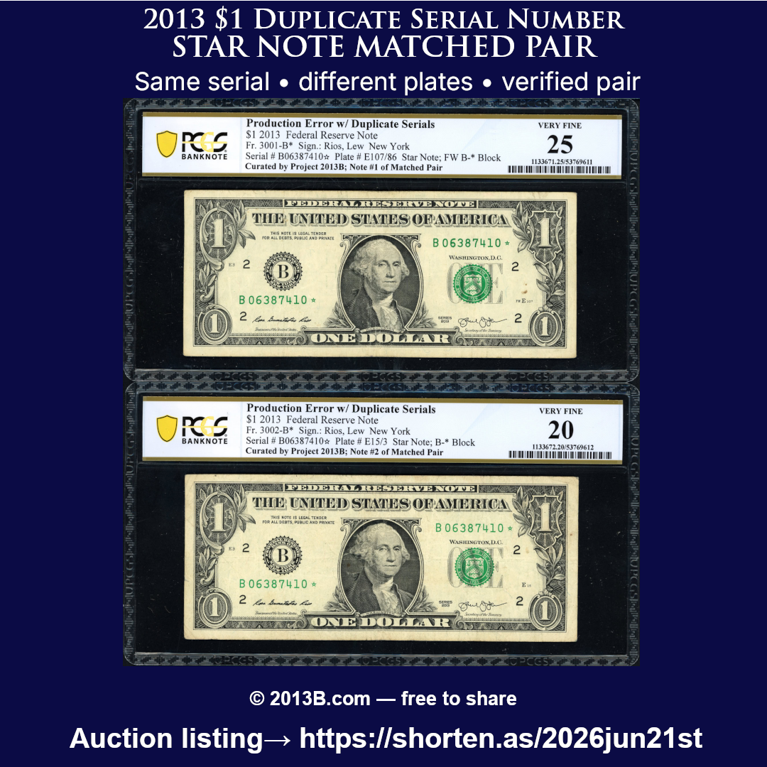 June 21 2026 auction: Rare 2013 Duplicate Serial number Star Note ...