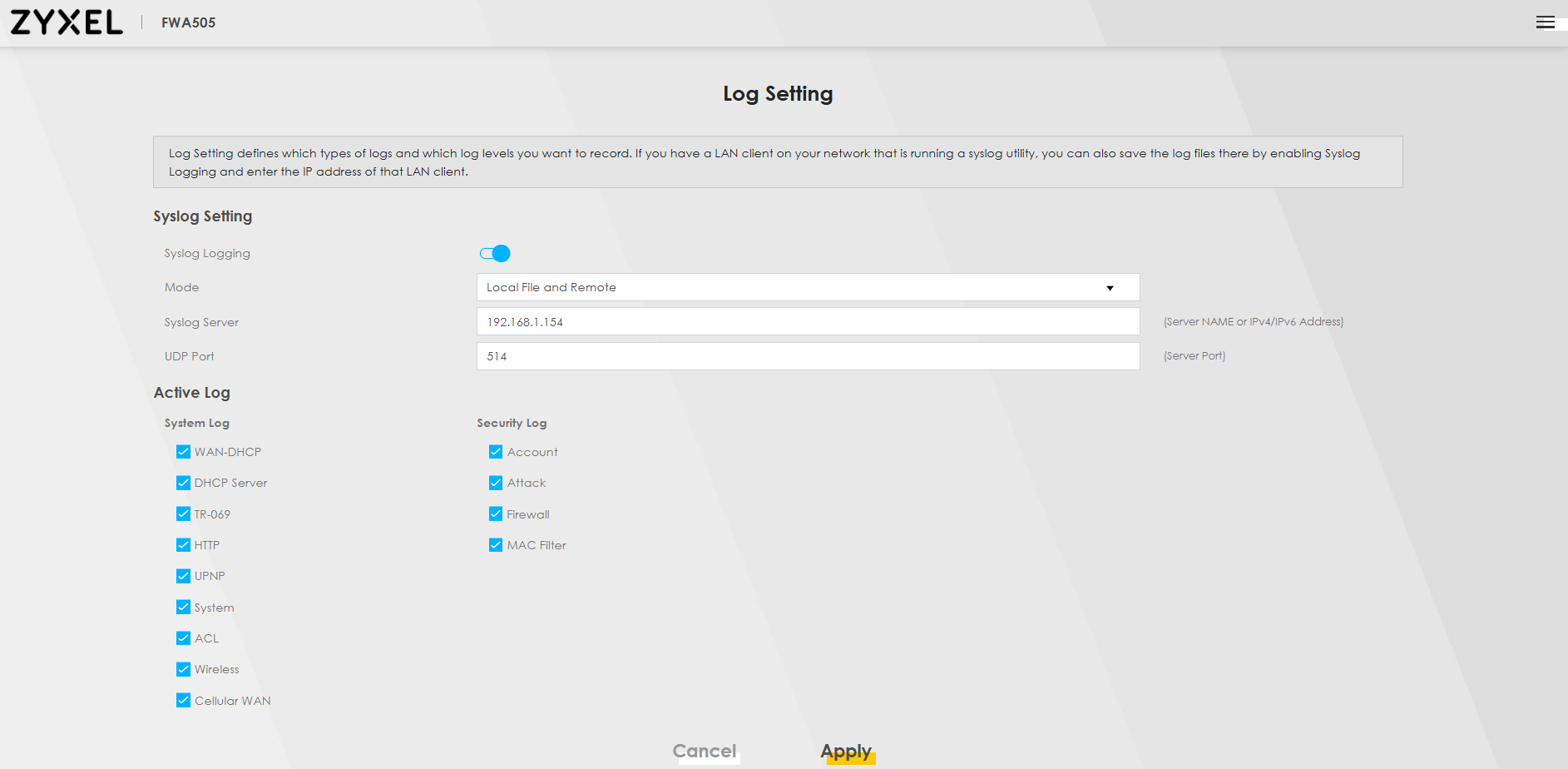 How to configure syslog for FWA505? — Zyxel Community