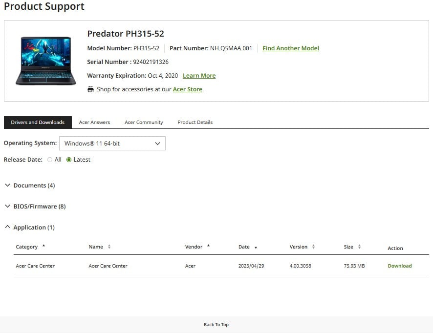 PH315-52 Predator Sense no longer working/Driver not listed on Acer ...