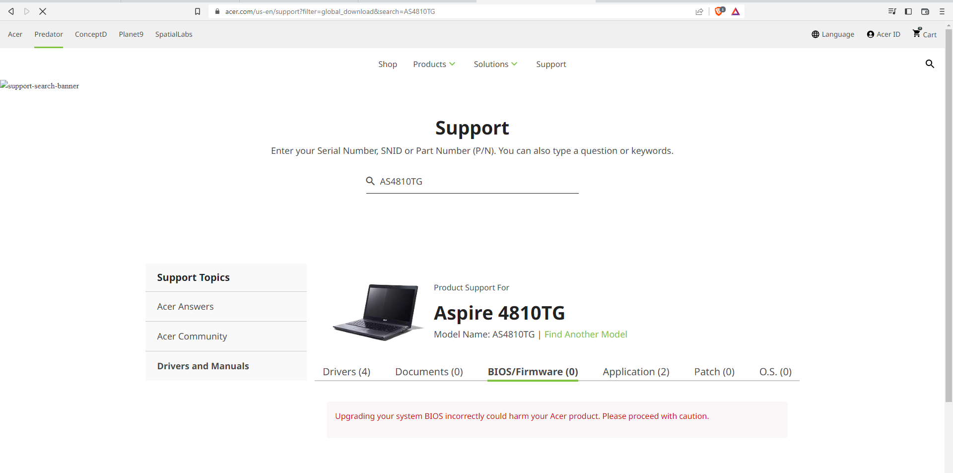 BIOS Download Not Showing On Acer Support Website How I Can Get The BIOS Software For My Laptop 