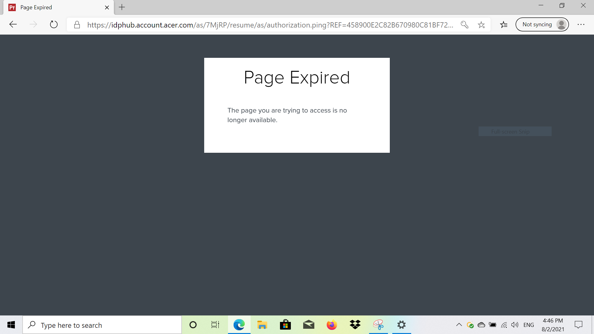 When I sign in to Acer Support Website I continuous receive "page ...