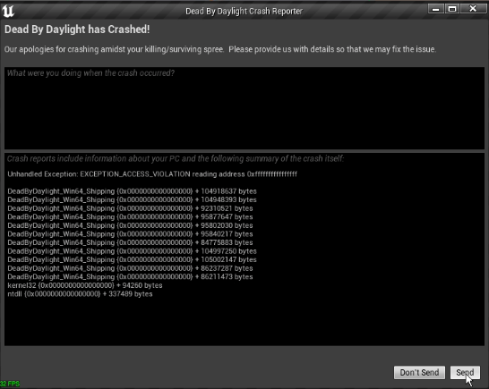 DBD keep crashing after the update. posting the DBD crash reporter ...