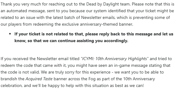 Code from Anniversary Email Does Not Work — BHVR