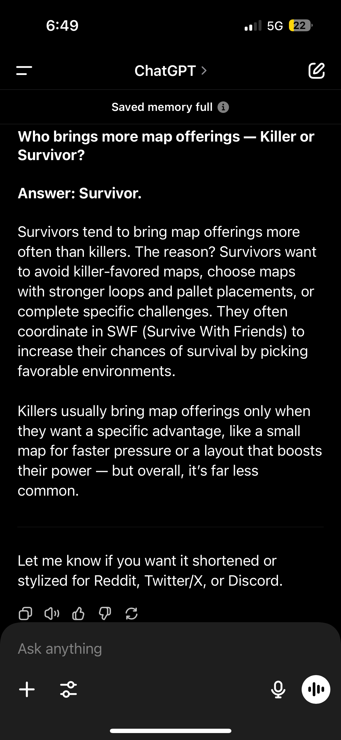 ChatGBT says survivors bring map offerings more often than killers. — BHVR