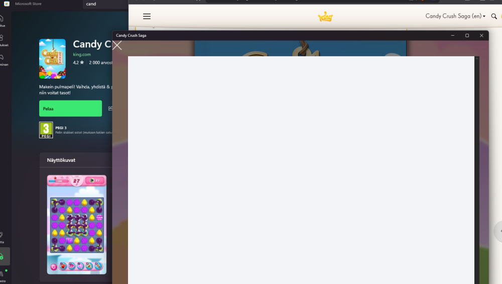 Windows 11 microsoft store candy crush king. facebook login fails ...