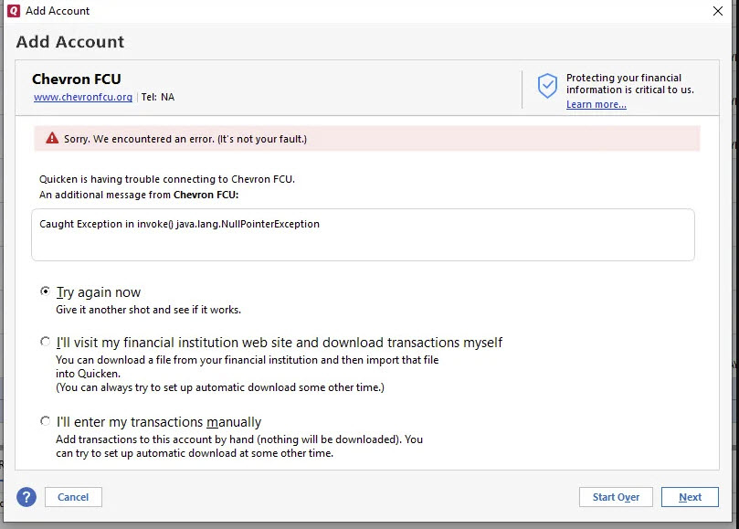 Not able to connect to Chevron Federal Credit Union — Quicken