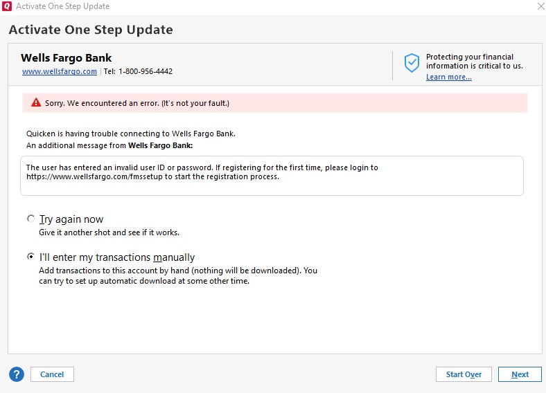 Wells Fargo - no transactions downloaded — Quicken