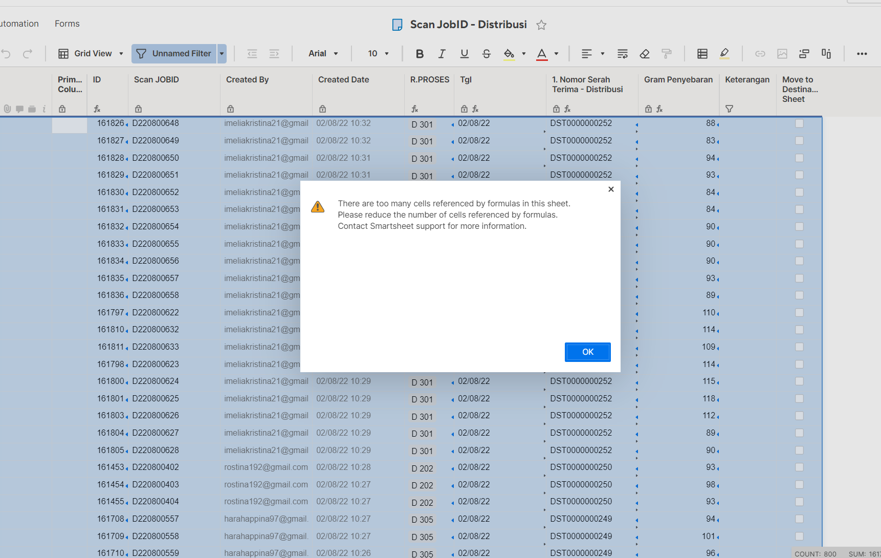 Too Many Cells Referenced When I Try To Move Rows Into Another Sheet