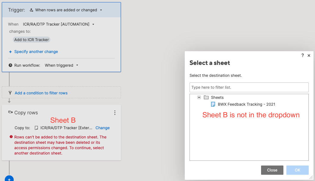 Why Am I No Longer Able To See One Of My Sheets To Copy Rows To Smartsheet Community