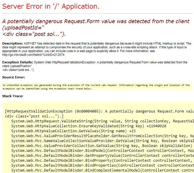 Website Server Error: Failure to Handle Post Contents