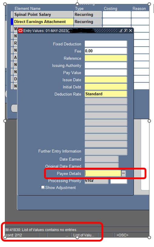 DEA Payroll Element (Direct Earnings Attachment) - Payee not populating ...