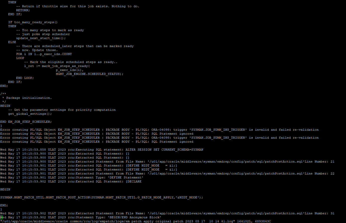 OMSPatcher Failed With Error Code 245 Error Creating PL SQL Object EM