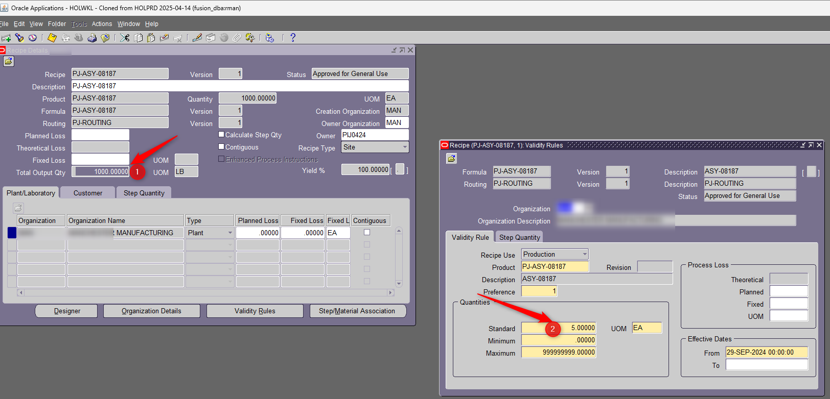 Use of Recipe Standard qty in OM and cost impact — oracle-mosc