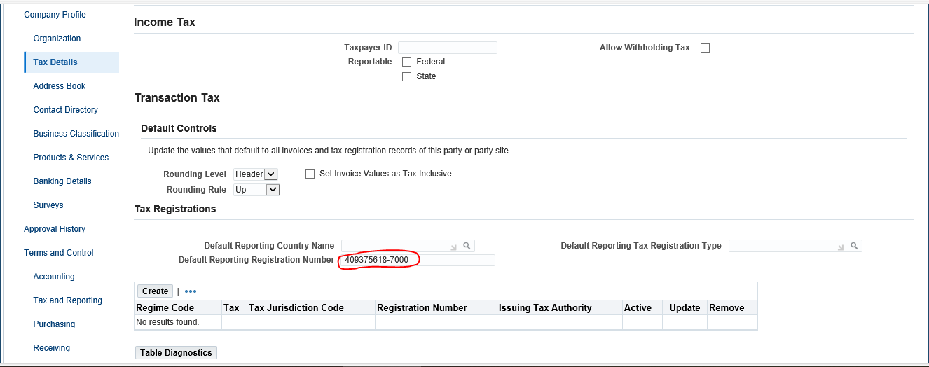 Default Reporting Registration Number table or view — oracle-mosc