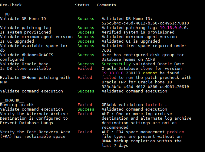 Pre-checks for DB Update failed for 19.18 — oracle-mosc