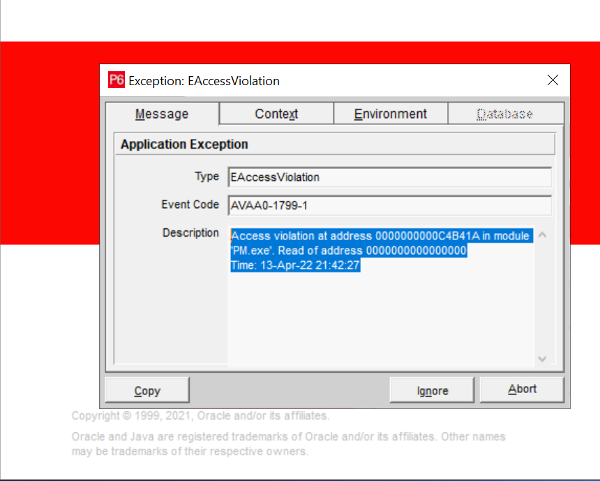P6 Client Error: EAccessViolation AVAA0-1799-1 — oracle-mosc