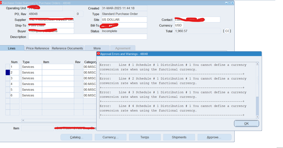 Error: Line # 1 Schedule # 1 Distribution # 1 you cannot define a currency conversion rate when ...