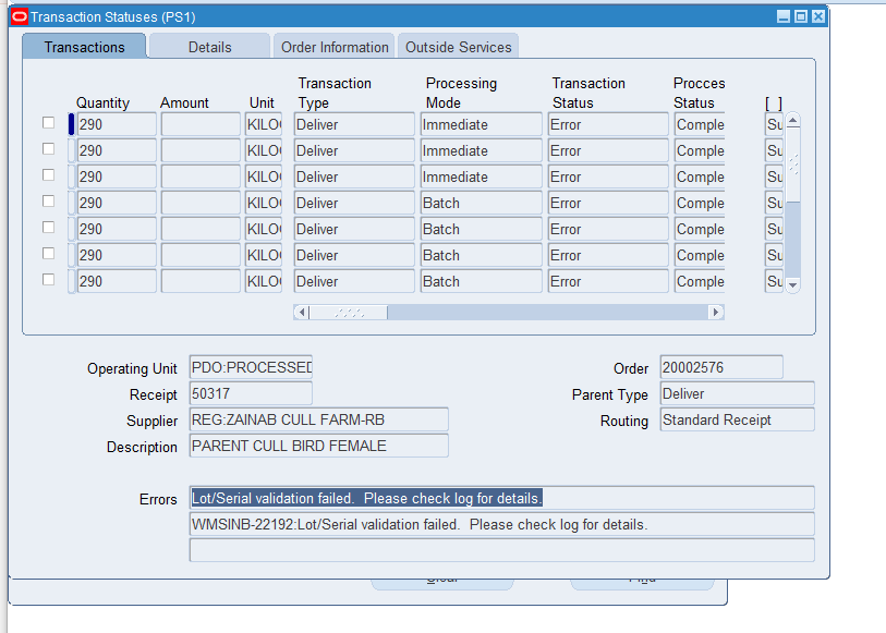 Lot/Serial validation failed. Please check log for details. Receiving transaction status error ...