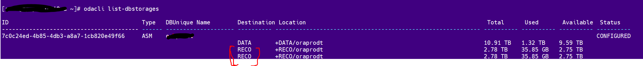 ODA Platform: X10-2-HA - RECO showing twice in dbstroages — oracle-mosc
