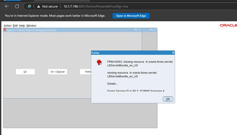 while trying to open a report using a form getting an error as frm-93652 missing resource in ...