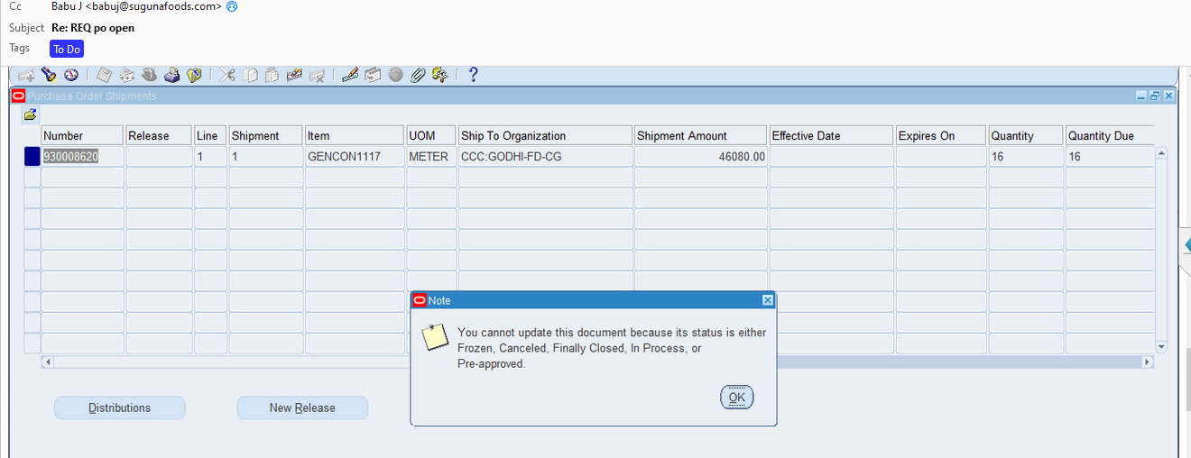 Not Able To Open Finally Closed Po — Oracle Mosc 5859