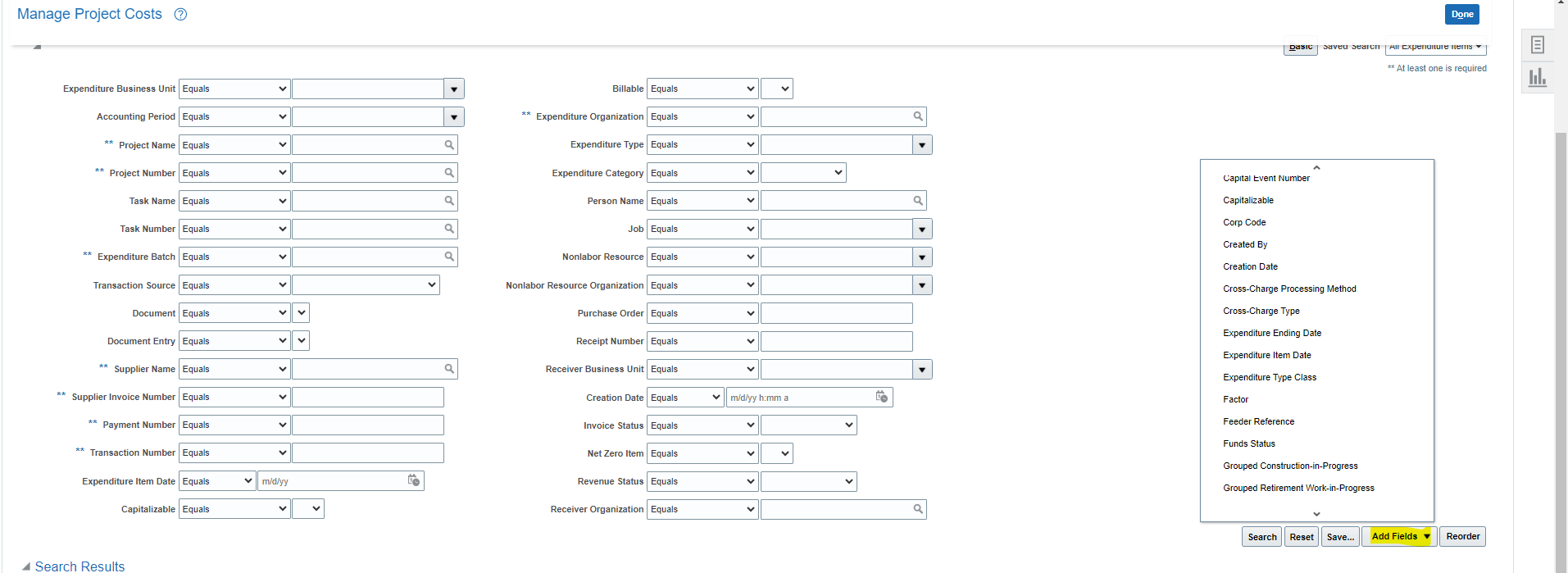 How Can I add additional/custom fields in Project Costs search page in fusion — Cloud Customer ...