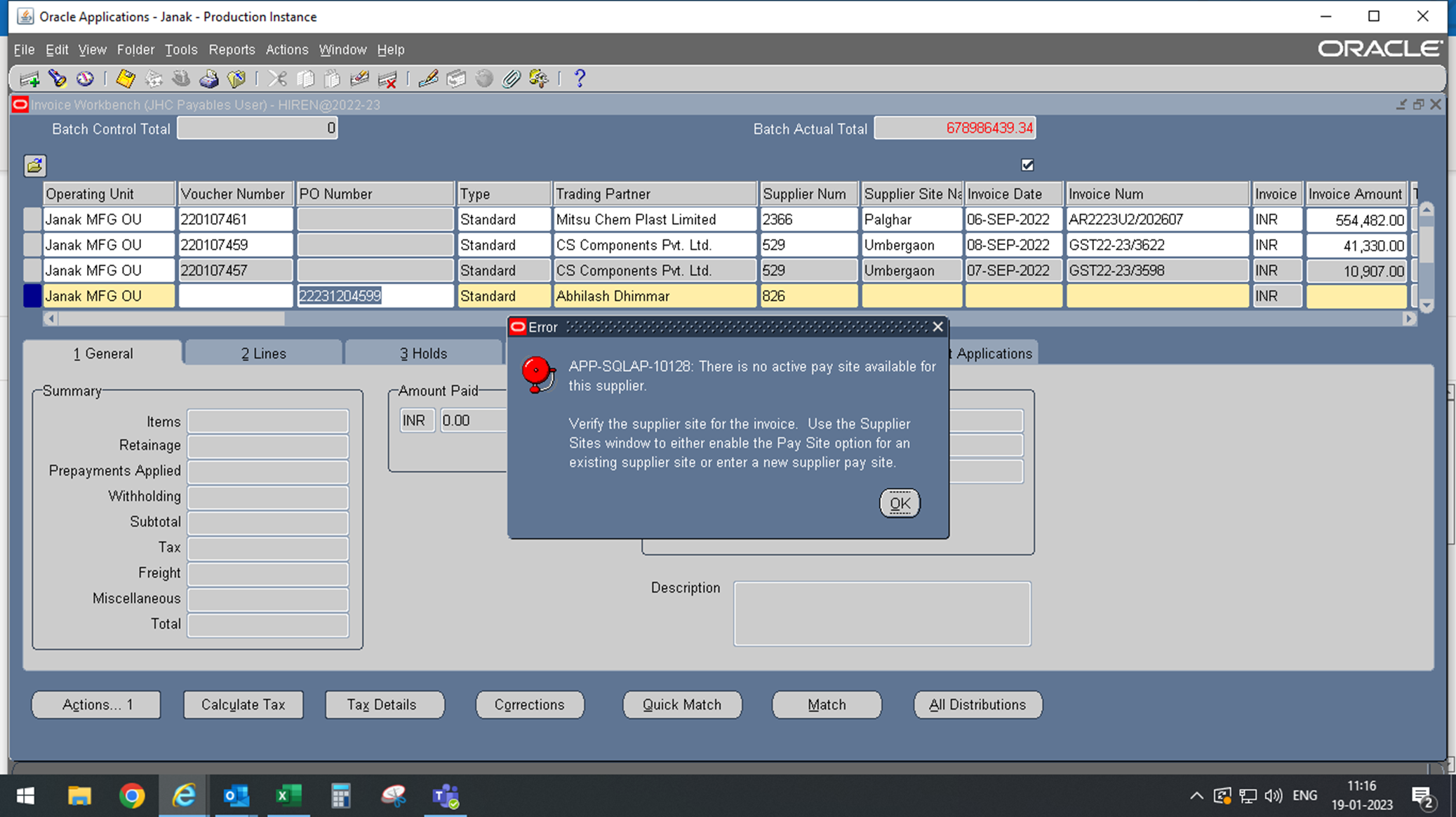 APP-SQLAP-10128:There is no active pay site available for this supplier. — oracle-mosc