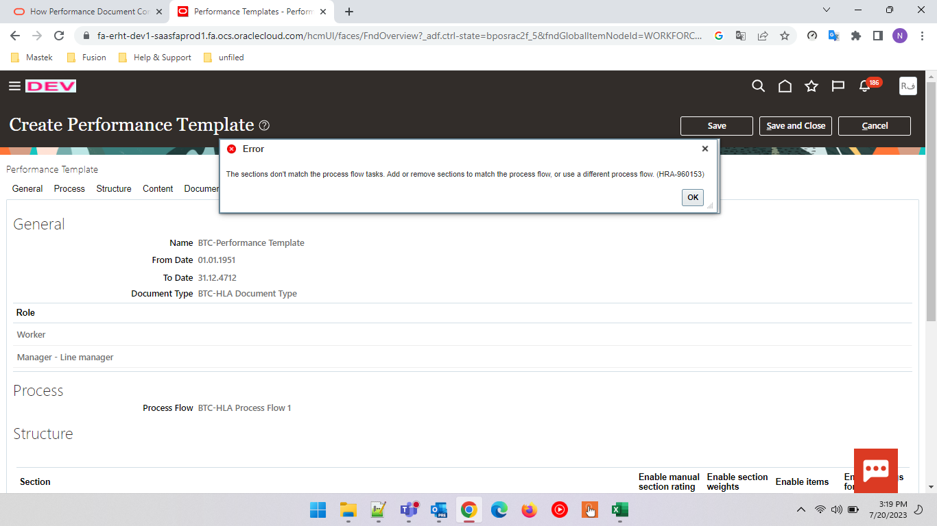 The sections don't match the process flow tasks. Add or remove sections to match the process ...
