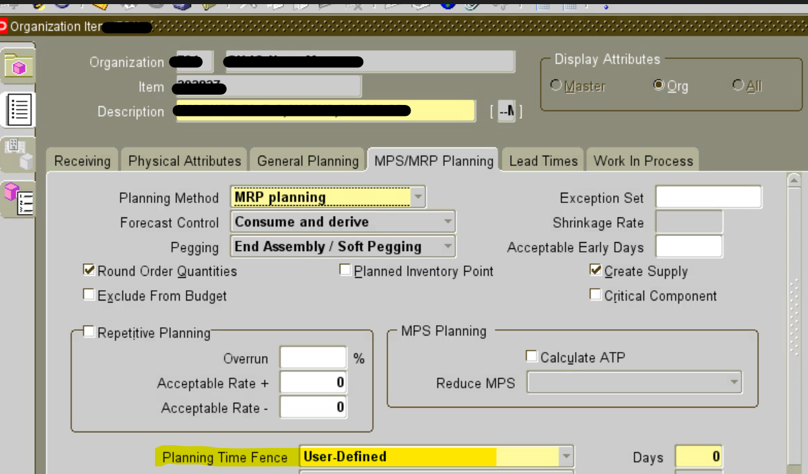 Can we delete the current 'User-Defined' value from the Planning Time Fence attribute within MPS ...