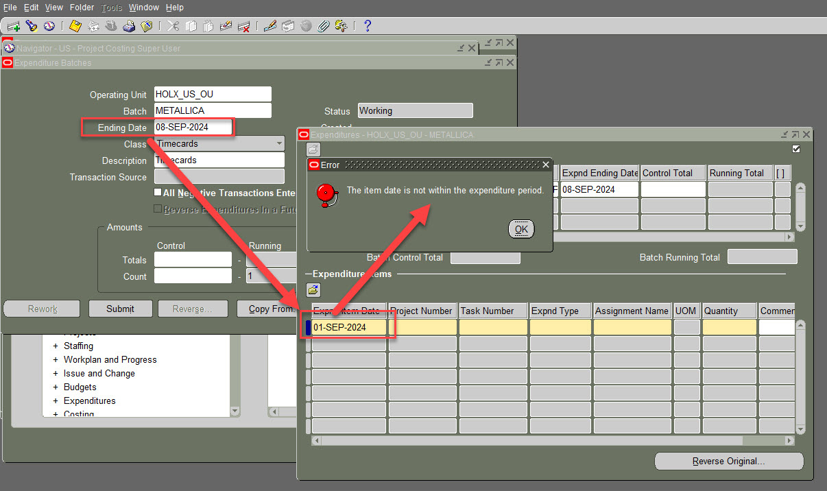 The item date is not within the expenditure period — oracle-mosc