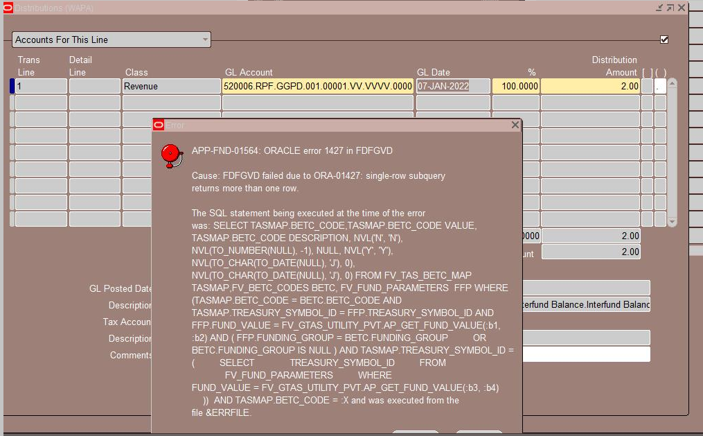 AR Trx Dist BETC GDF single-row subquery error, when fund_value exists in multiple ledgers ...