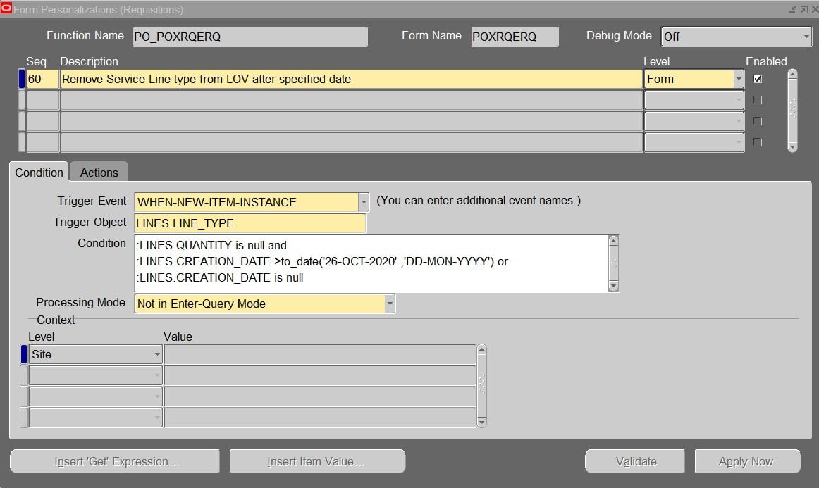 How to update Line Type Personalization in Requisition Form — oracle-mosc