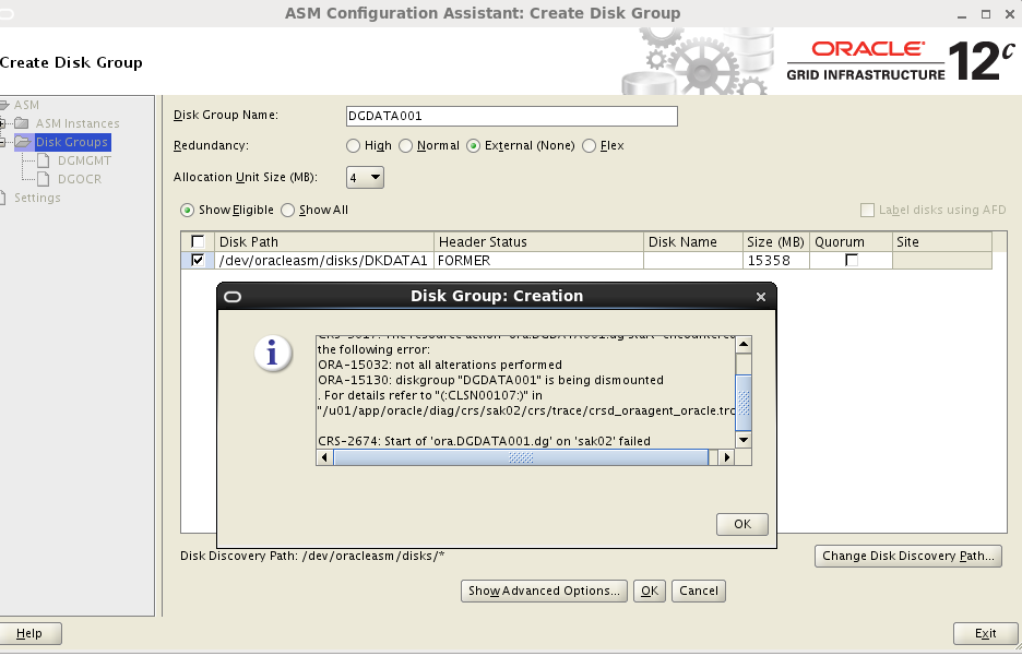 2 nodes RAC, unable to create diskgroup — oracle-mosc