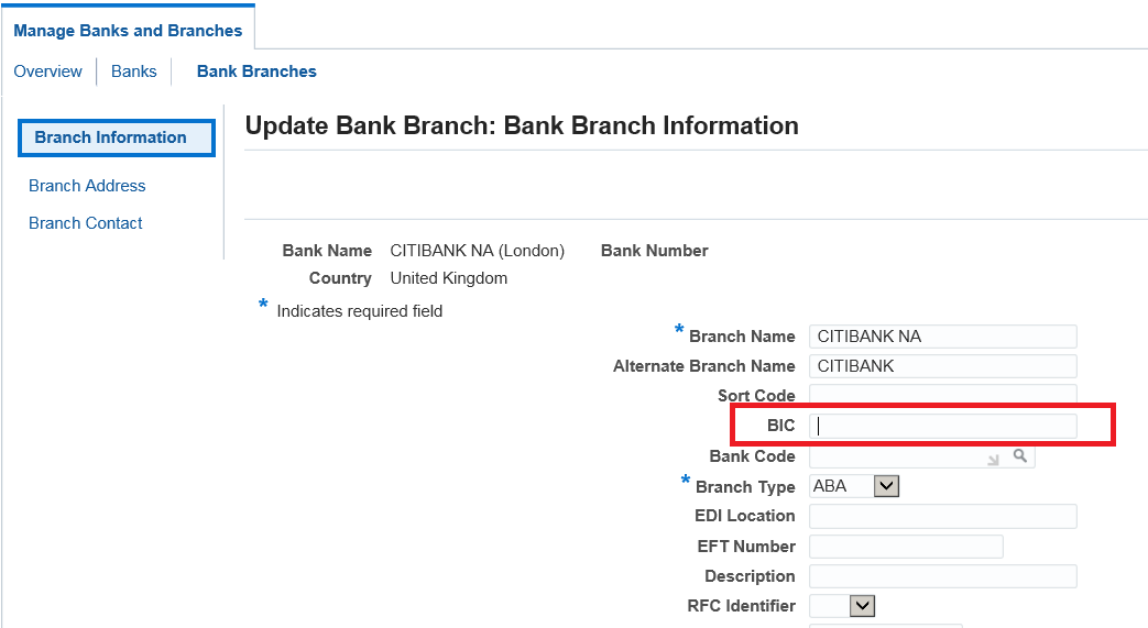 R12 Upgrade: Bank Branch BIC (EFT_SWIFT_CODE) is null — oracle-mosc