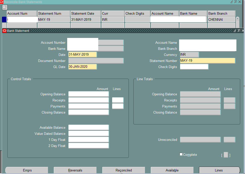 This bank statement header contains no statement lines to reconcile ...