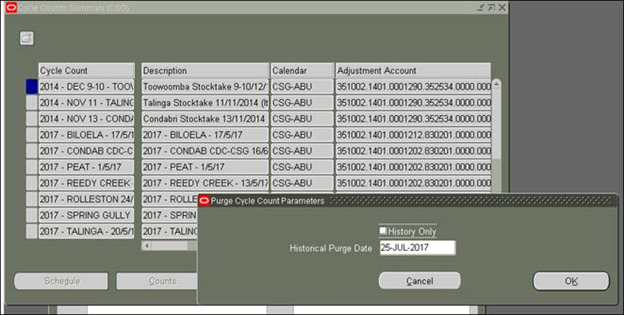 Cycle Count Purge - History check box — oracle-mosc