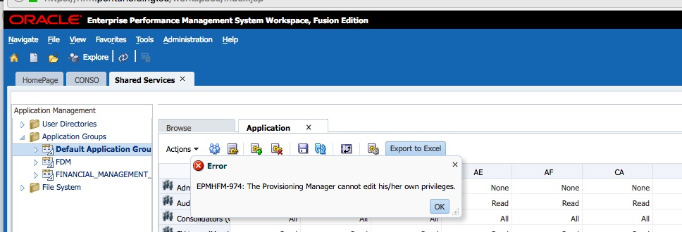 "EPMHFM-974: The Provisioning Manager cannot edit his/her own privileges." when assigning ...
