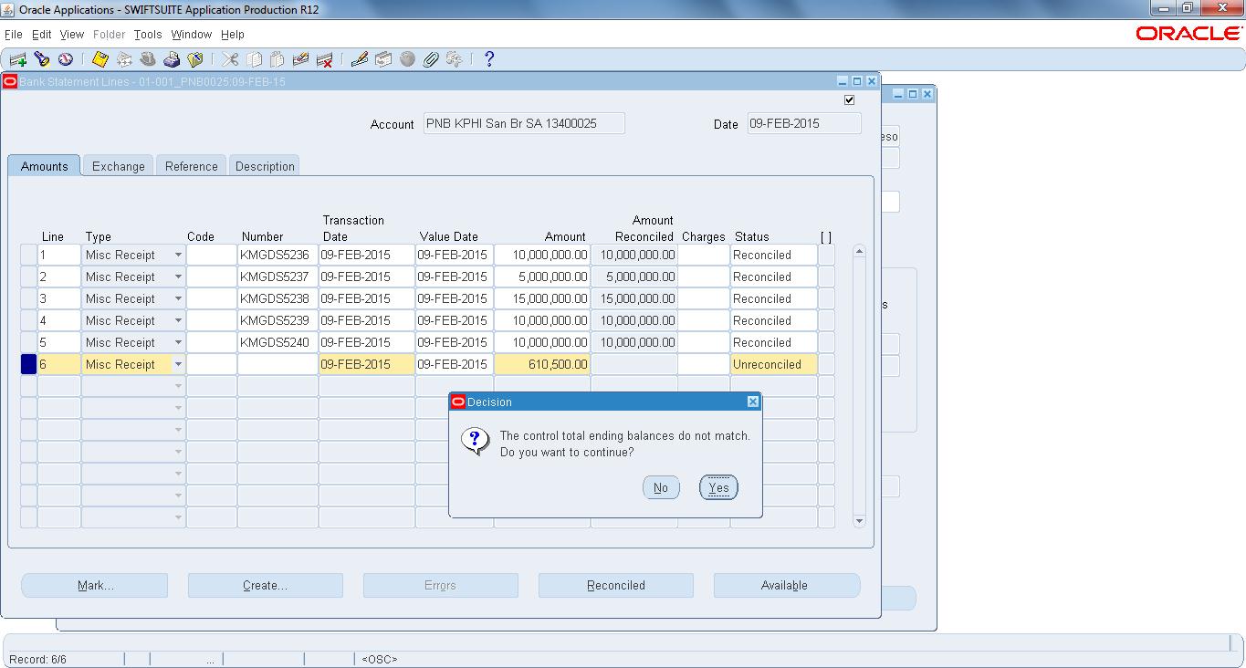 Unable to add bank statement line with Misc Receipt type — oracle-mosc