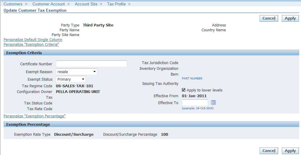 Sql For Customer Tax Exemptions — Oracle Mosc
