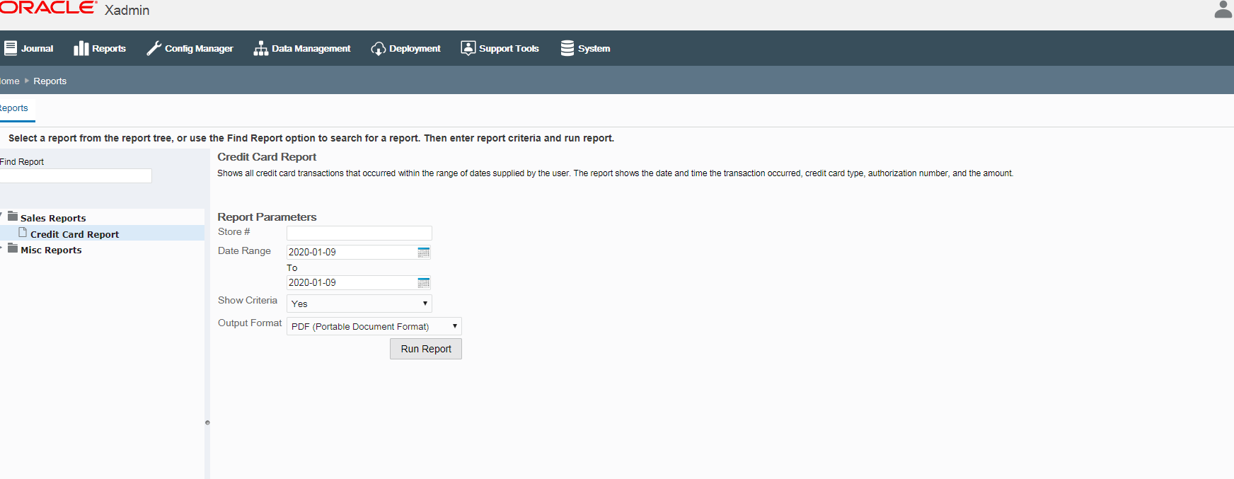 How to output credit card sales report for all stores not just with 1 store in XADMIN — oracle-mosc