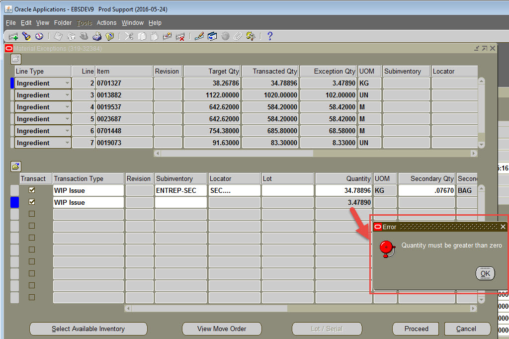 Batch Material Exceptions Qty Must Be Greater Than Zero — Oracle Mosc