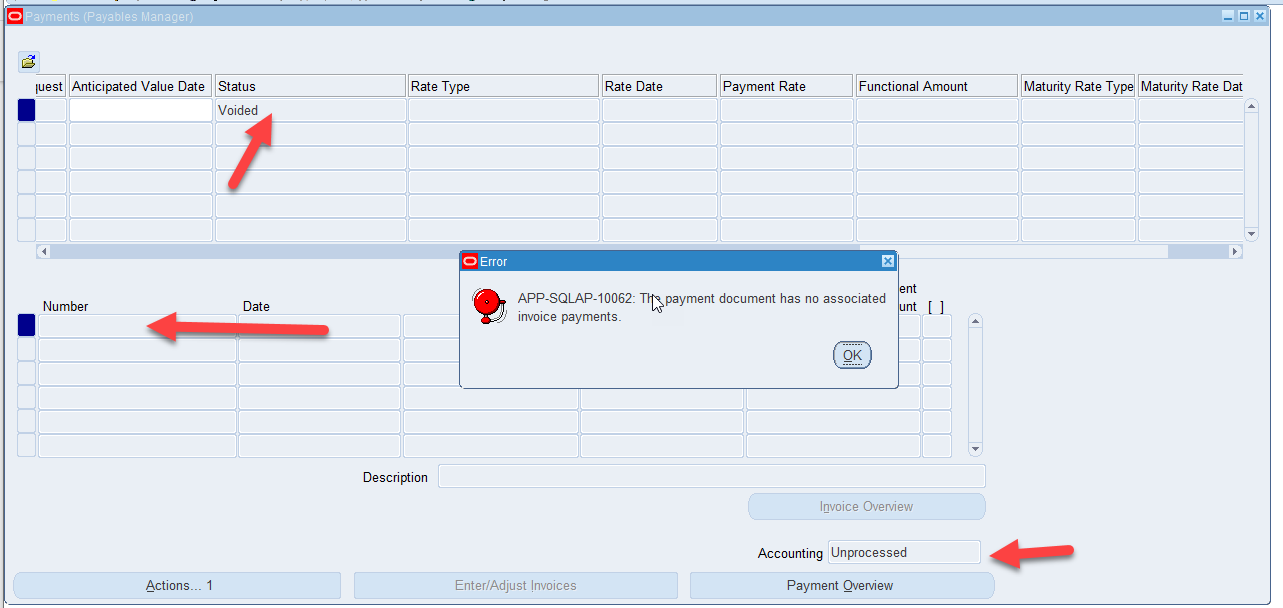 APP-SQLAP-10062: The payment document has no associated invoice payments for Voided Payment EBS ...