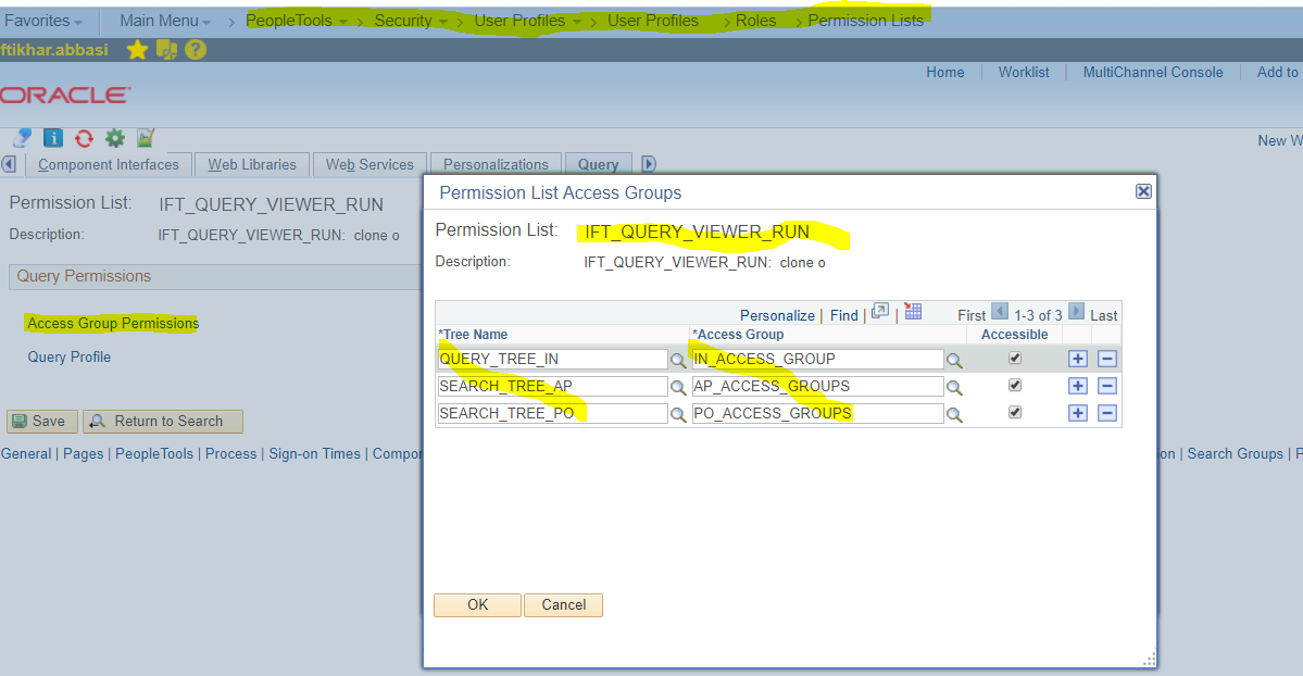 How to know the tree name/access group — oracle-mosc